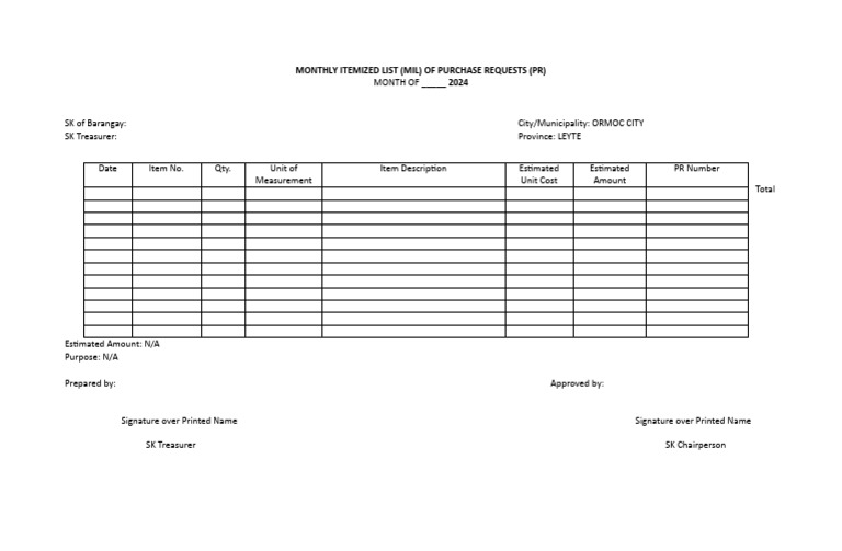 Monthly Itemized List Template | PDF