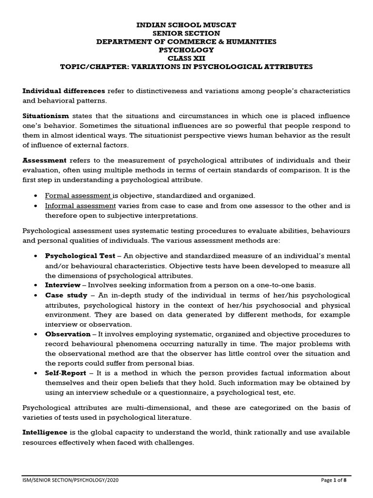 2020-2021 - Class - Xii - Psychology - Variations in Psychological ...