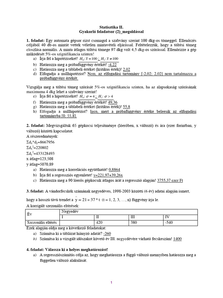 Statisztika II. - Gyakorló Feladatsor 2 - Megoldással | PDF