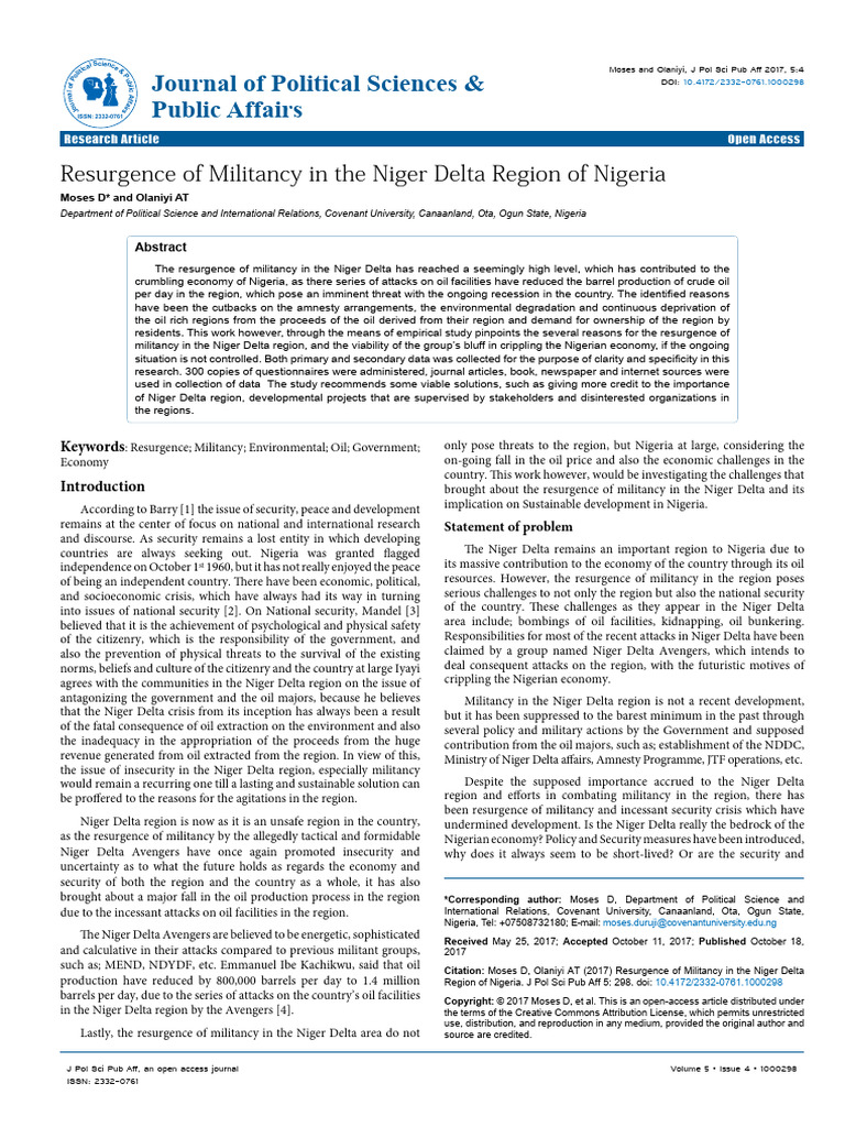 Resurgence of Militancy in The Niger Delta Region of Nigeria 2332 0761 ...