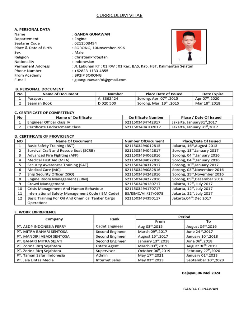 cv GANDA GUNAWAN baru 04 05 2024 | PDF | Shipping | Water Transport