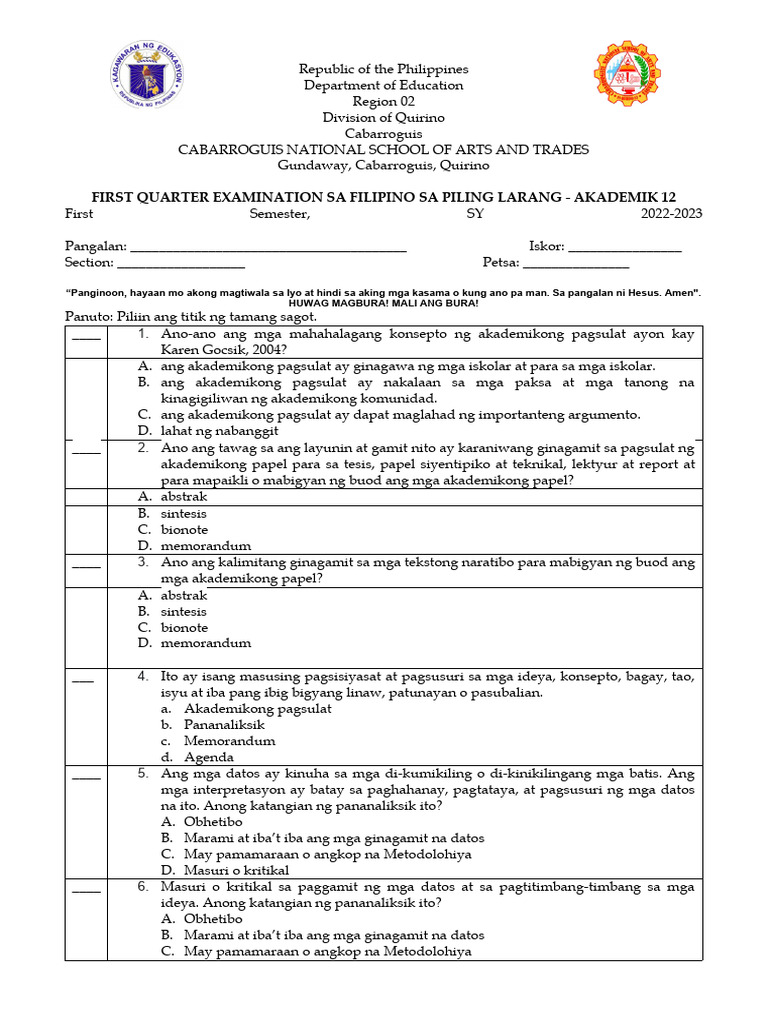 2023 First Quarter Examination Filipino Sa Piling Larang 12 | PDF