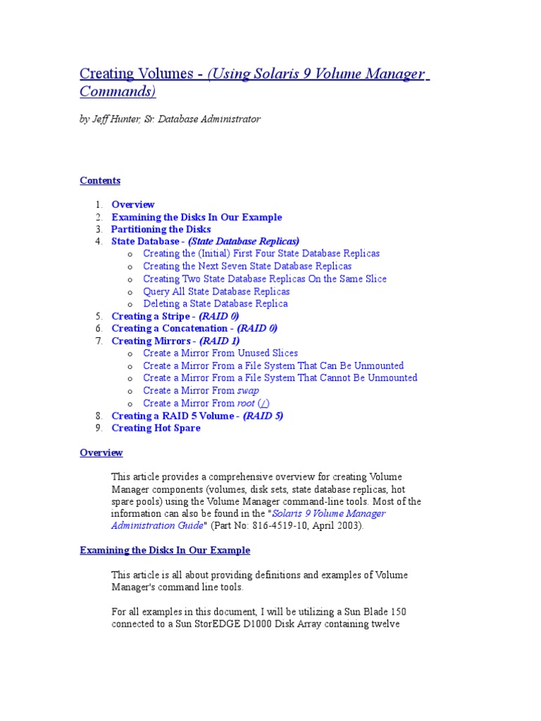 Commands) : Creating Volumes - (Using Solaris 9 Volume Manager | PDF | Databases | File System
