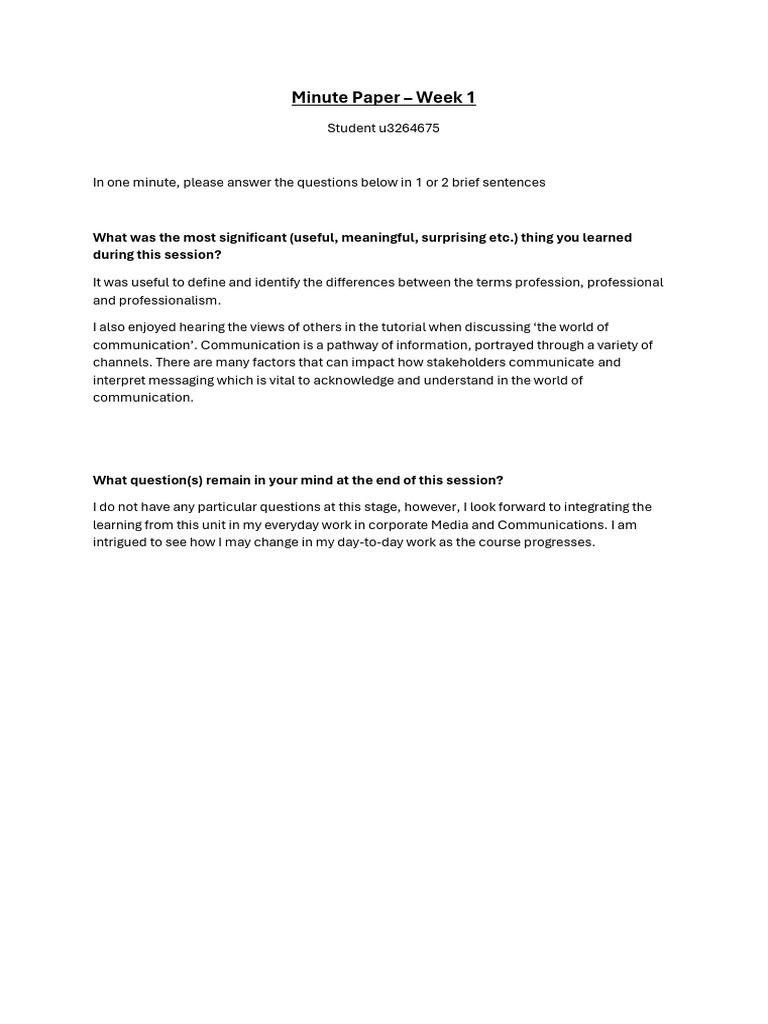U3264675 10335 Professional Orientation Minute Papers | PDF ...