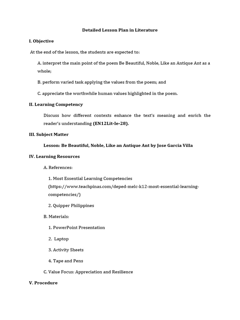 Detailed Lesson Plan in Literature | PDF