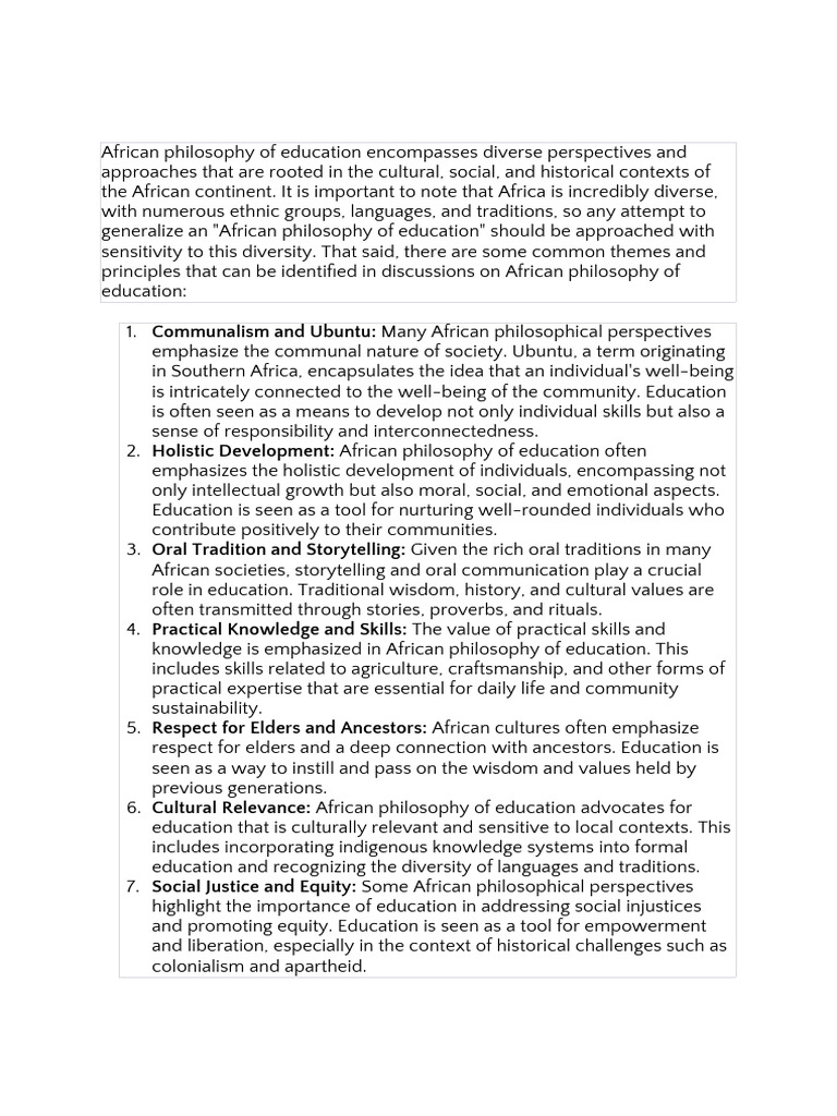 African Philosophy of Education Encompasses Diverse Perspectives and ...