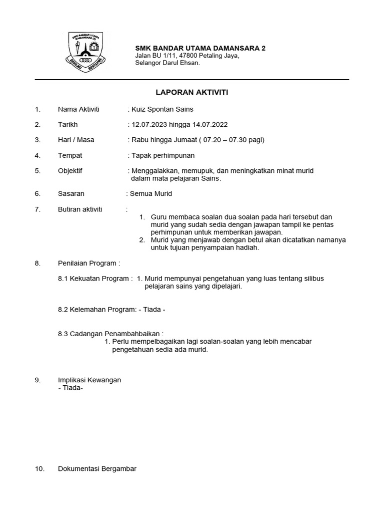 Kuiz Spontan Sains di SMK Bandar Utama | PDF | Karier & Perkembangan ...