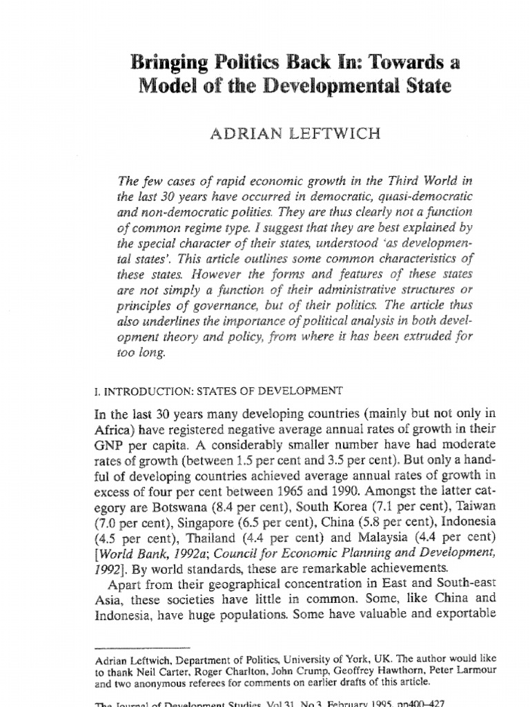 Bringing Politics Back in - Towards A Model of The Developmental State ...