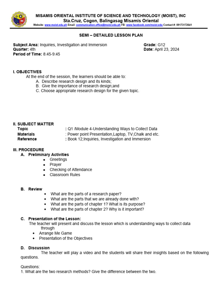 G12 Lesson Plan: Research Design Basics | PDF | Cognition | Learning