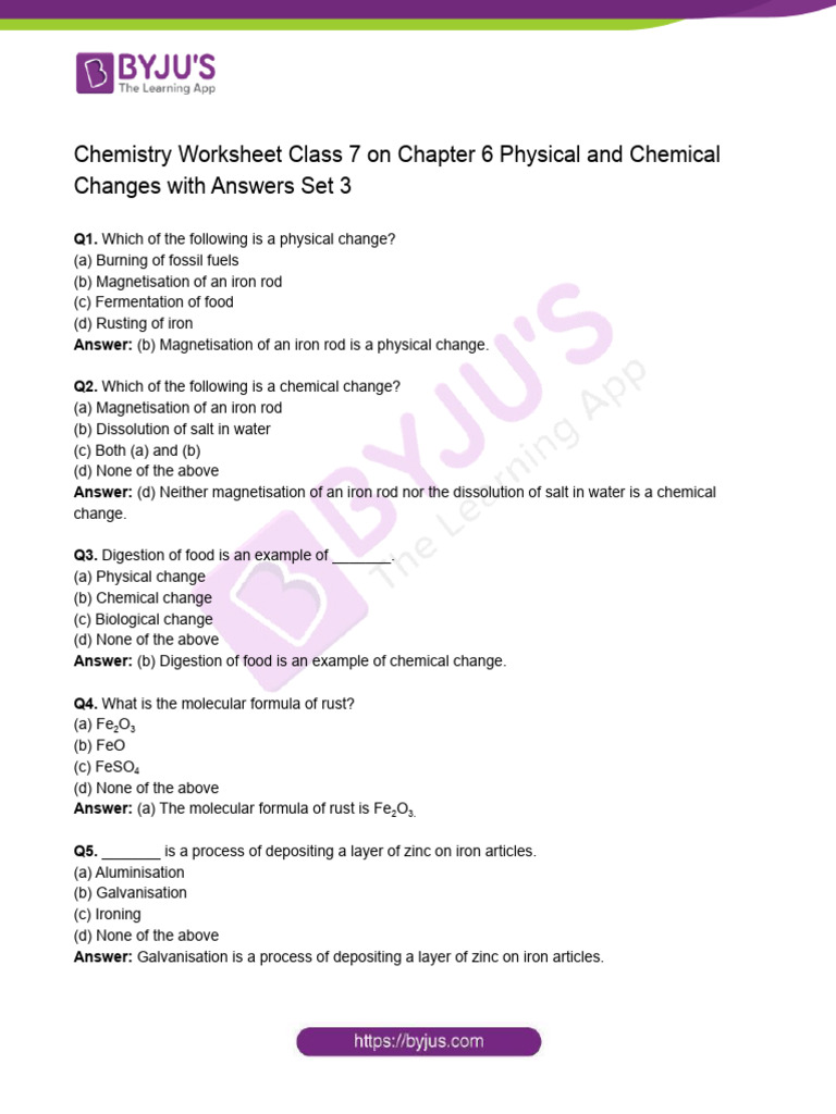 Class 7 Worksheet on Changes in Matter | PDF | Rust | Chemical Substances