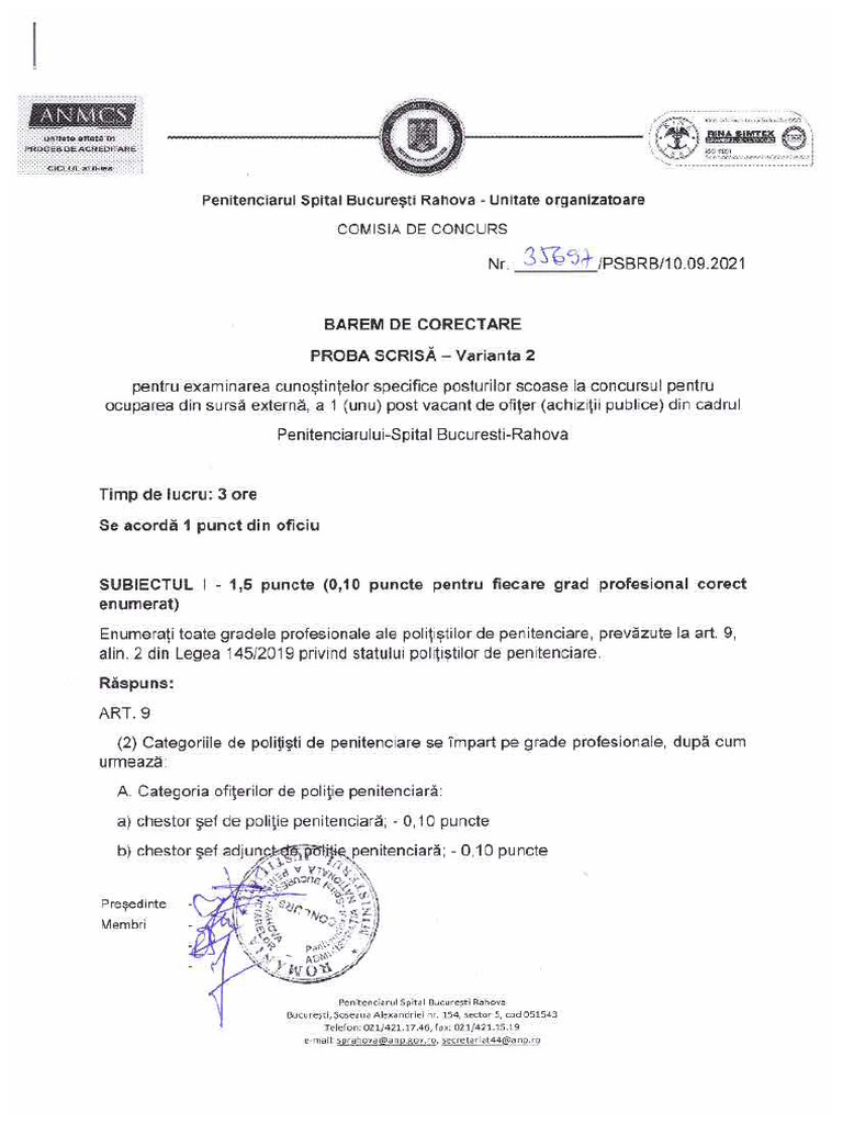 Barem de Corectare Proba Scrisa | PDF