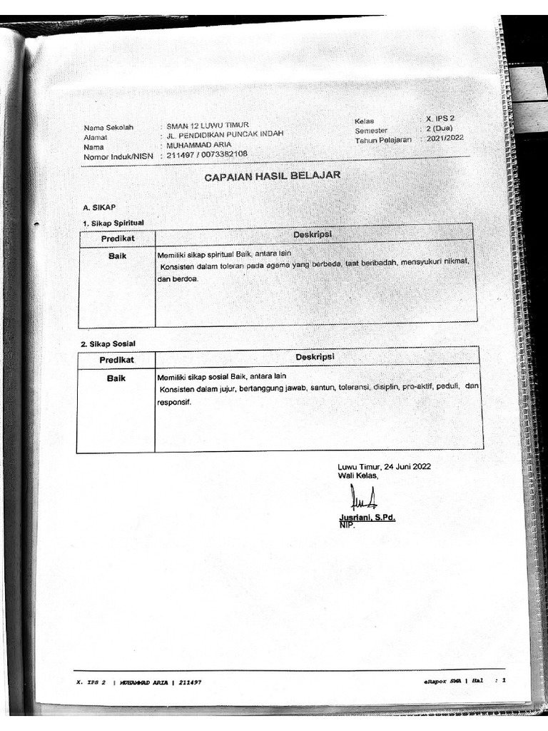 Rapor Kelas X (SMT 2) MUHAMMAD ARIA | PDF