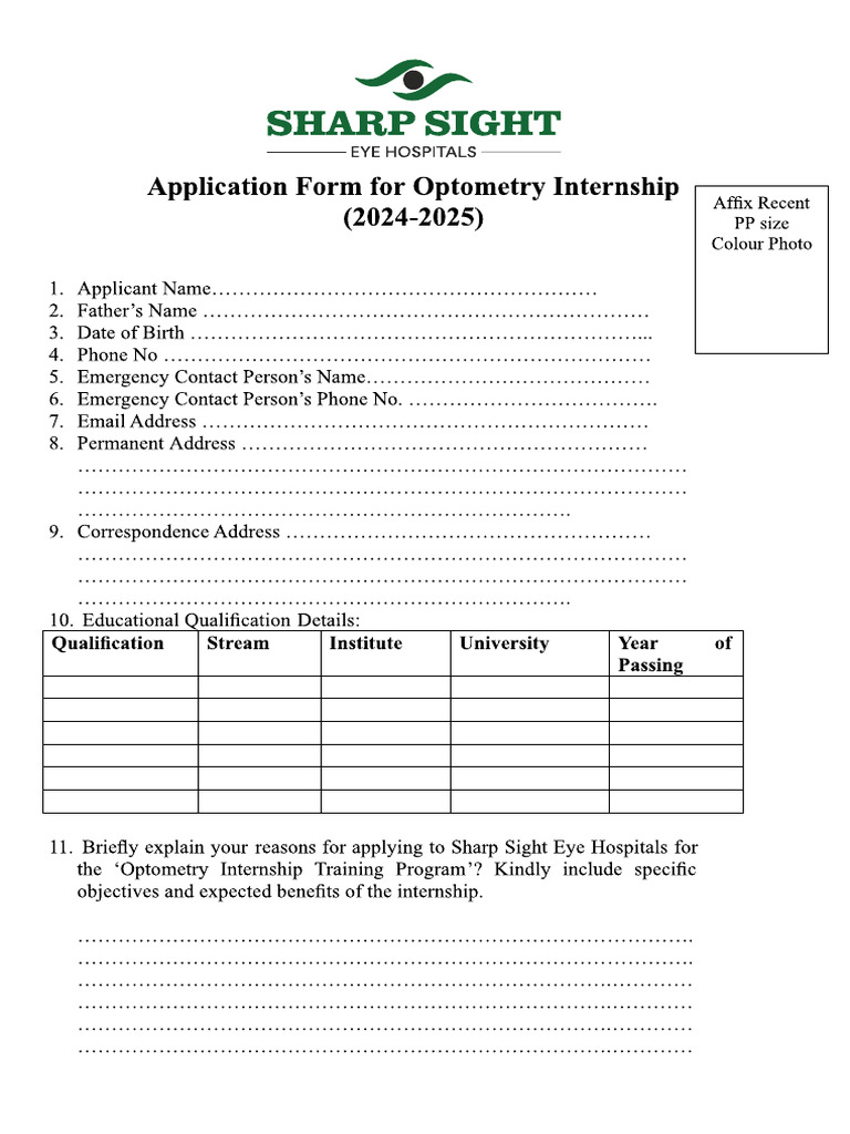 Optom Internship Program Application Form 2024 25 | PDF