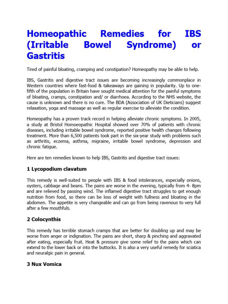 10 Homeopathic Remedies For IBS | PDF | Irritable Bowel Syndrome | Bloating