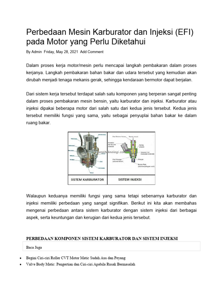 Perbedaan Mesin Karburator Dan Injeksi | PDF