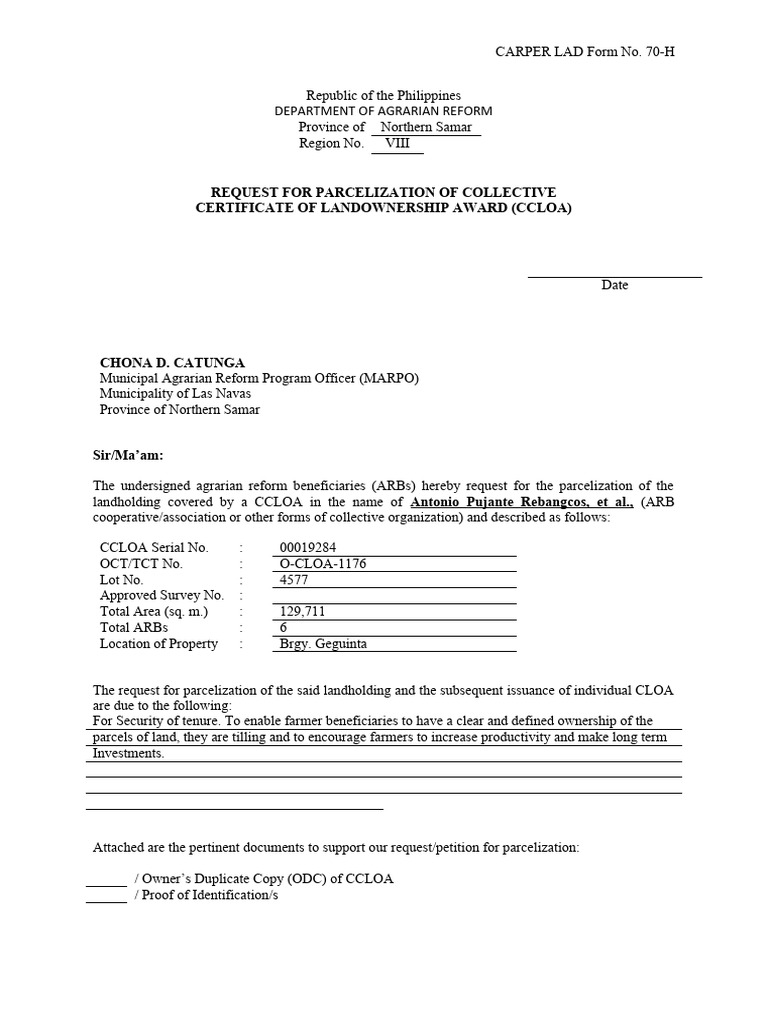 Request for Parcelization of CCLOA | PDF | Real Property Law | Common Law