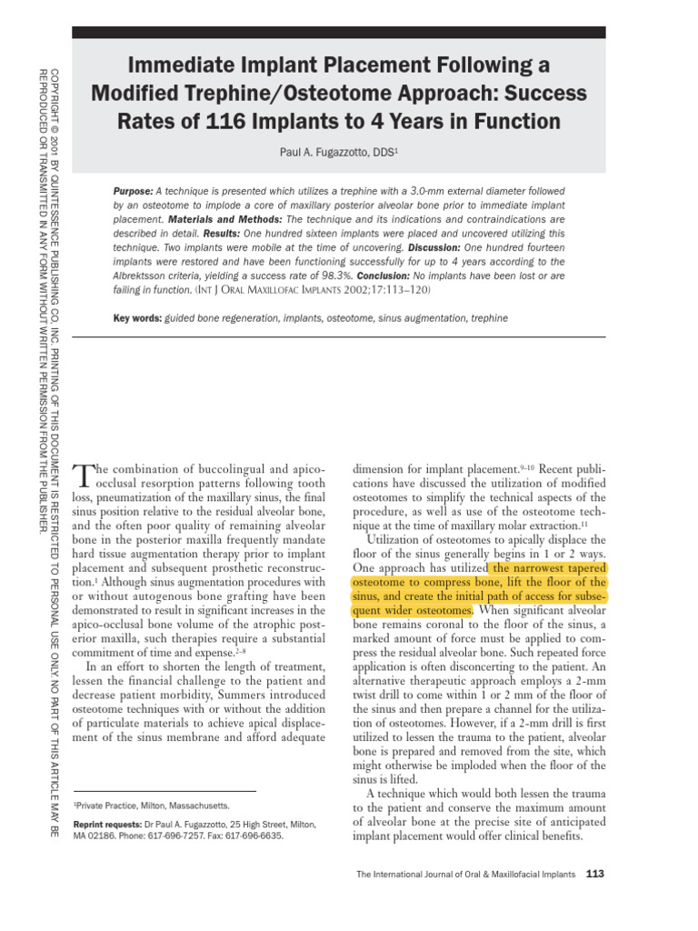 Fugazzotto 2002 IJOMI - Osteotome Technique and 2x-2 | PDF | Dental ...