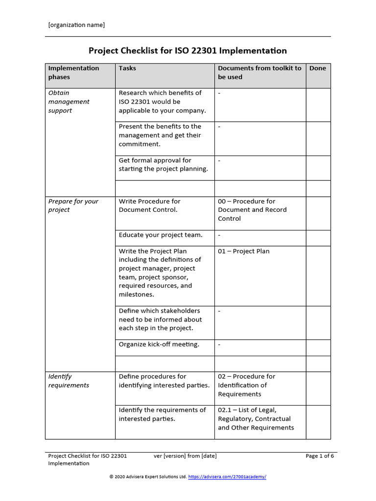 Project Checklist For 22301 Implementation EN | PDF | Audit | Risk