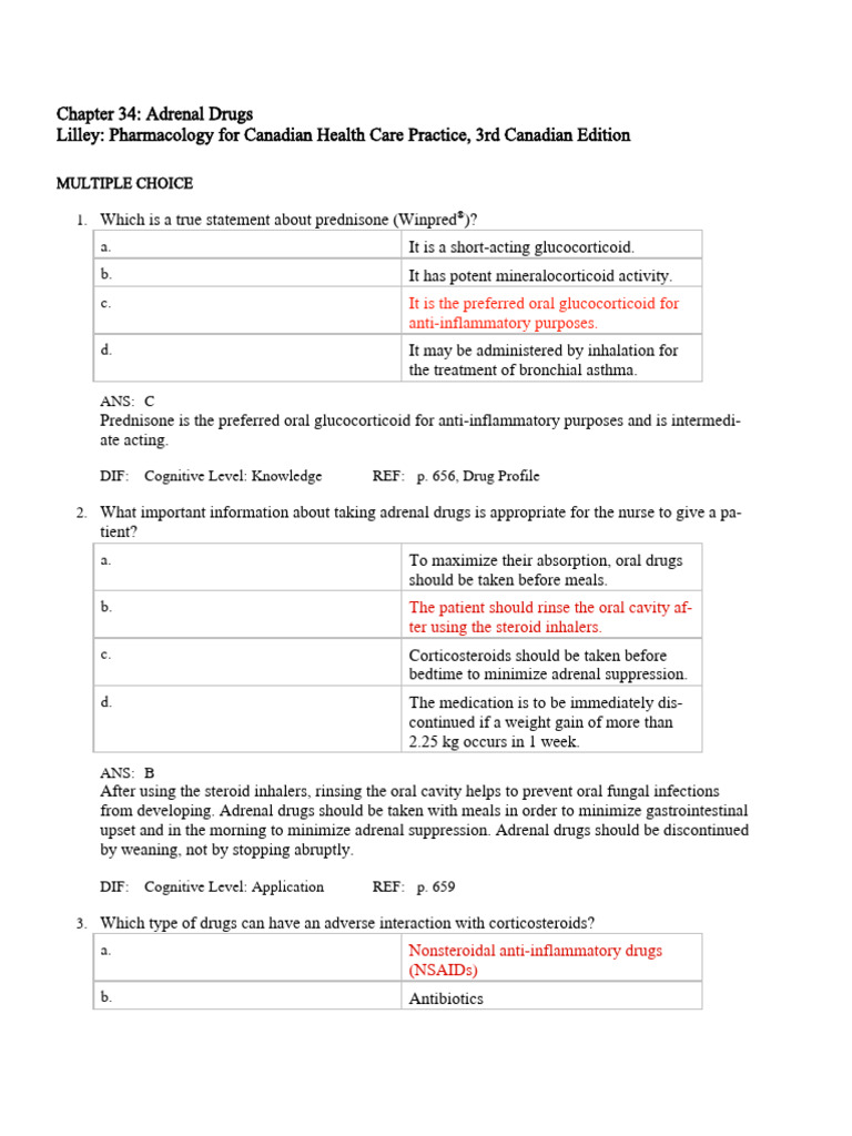 Chapter 34: Adrenal Drugs Lilley: Pharmacology For Canadian Health Care ...
