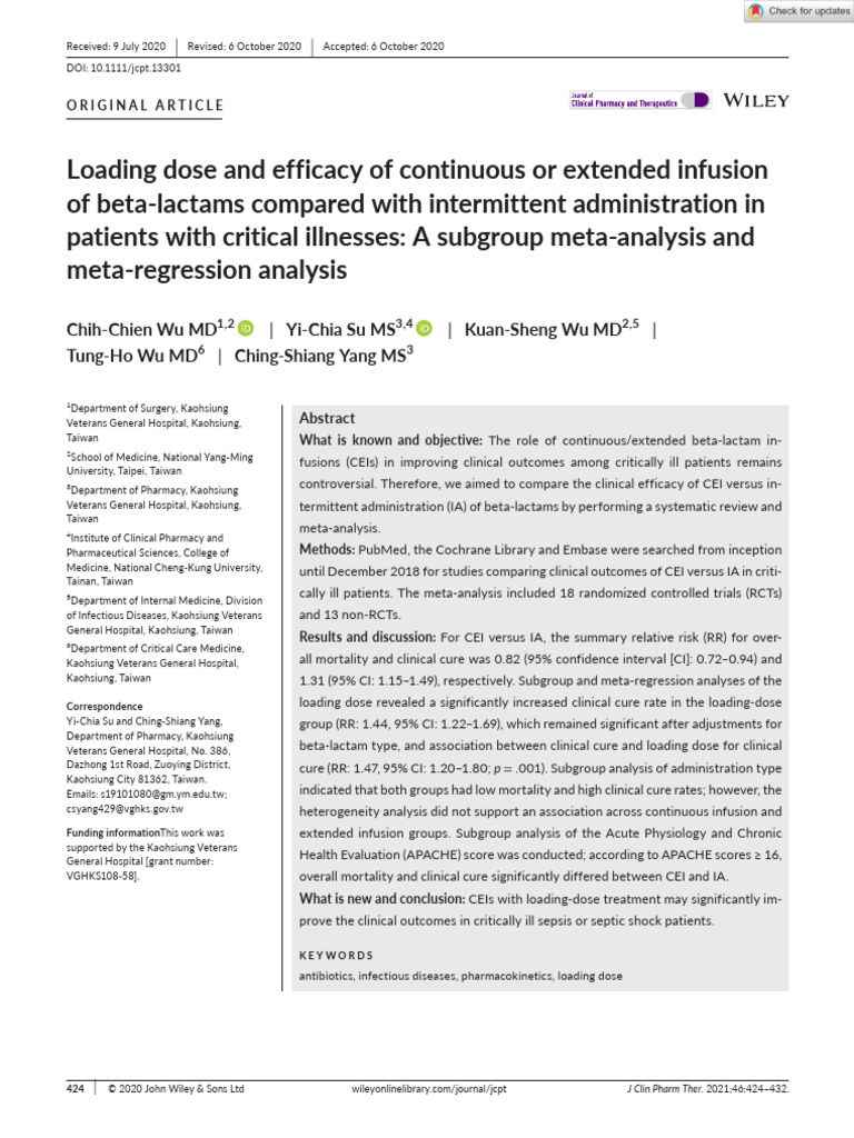 Clinical Pharmacy Therapeu - 2020 - Wu - Loading Dose and Efficacy of Continuous or Extended ...