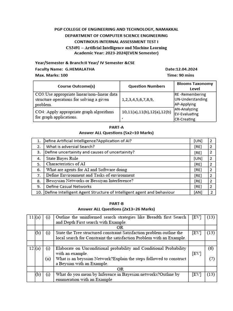 Cia 1 - Aiml | PDF | Artificial Intelligence | Intelligence (AI) & Semantics