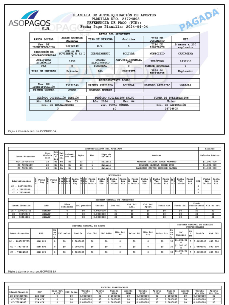 Jorge Dolugar Planilla Arl Positiva Mes 042024 | PDF | Servicios ...