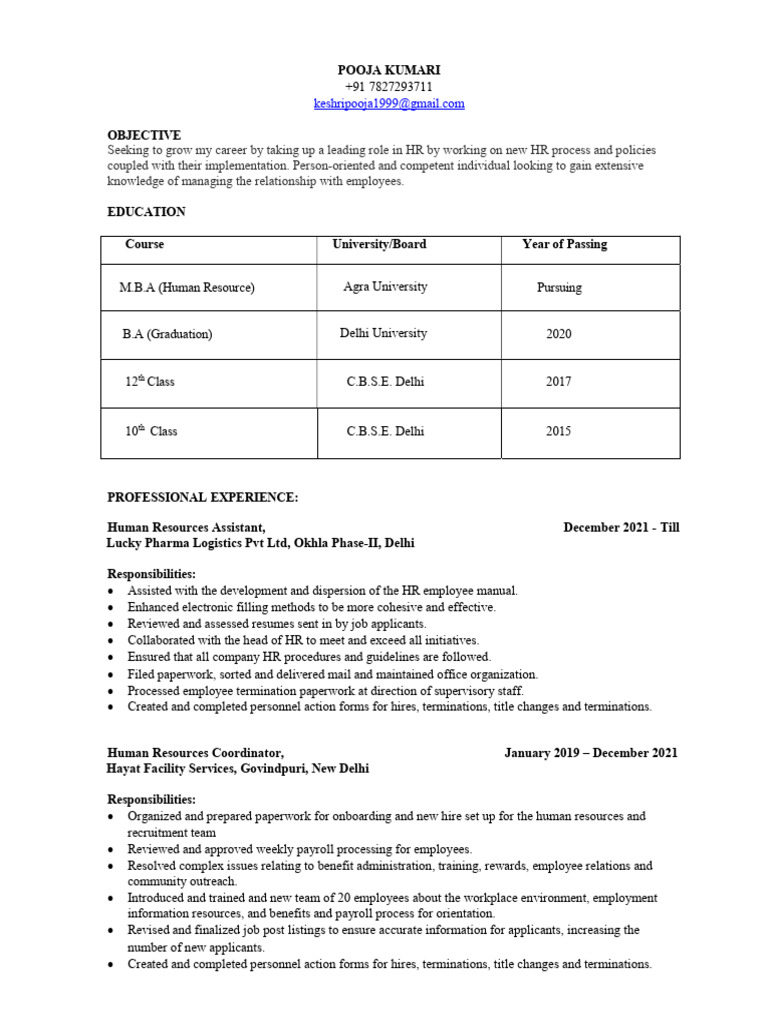 Pooja Updated CV | PDF | Human Resources | Employment