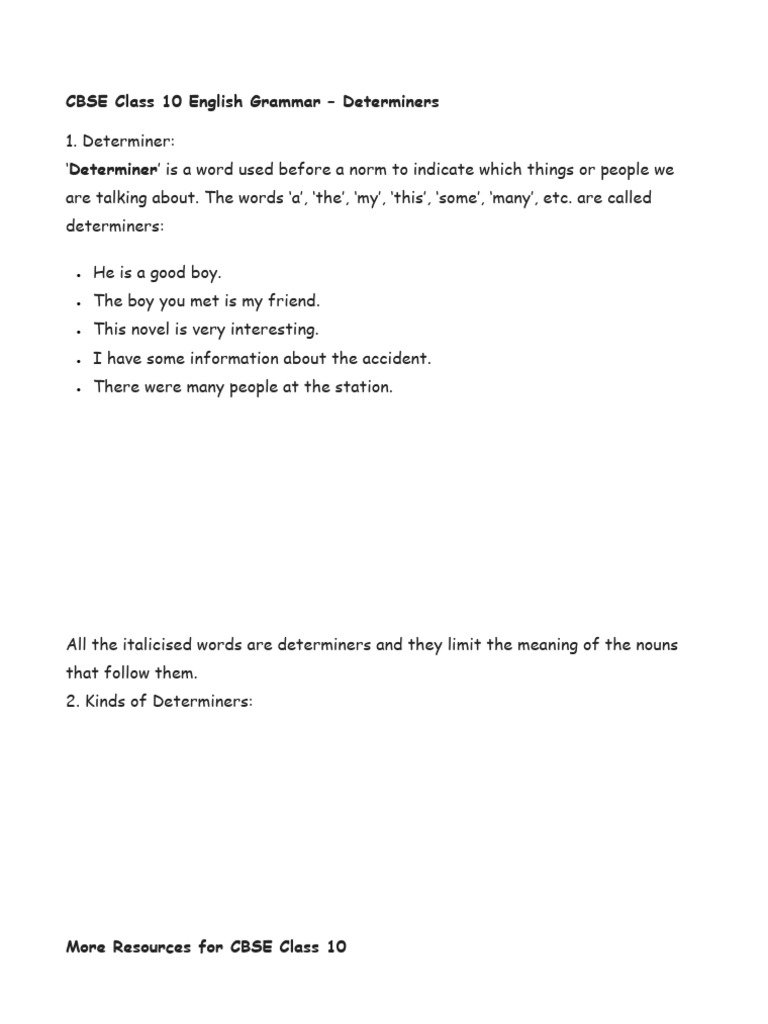 Class 10 English Grammar: Determiners | PDF | Noun | Grammatical Number