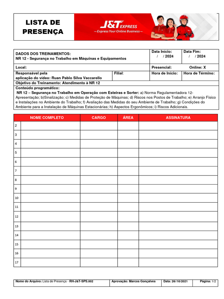 Lista de Presença de Treinamentos NR 12 | PDF