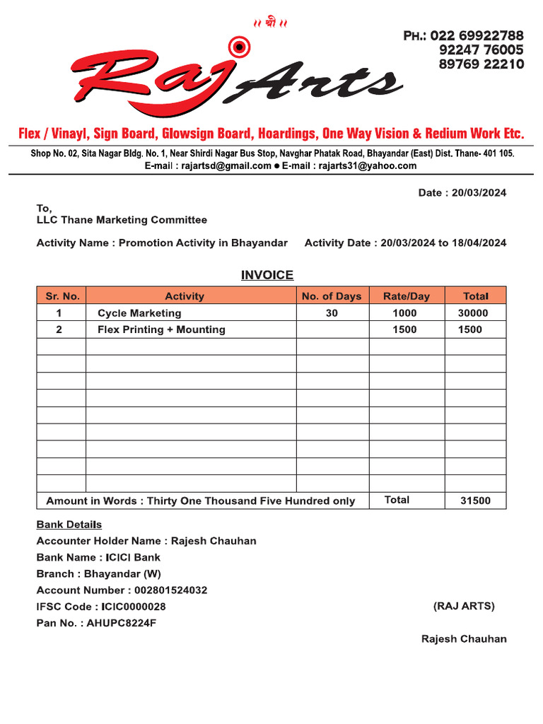 Raj Arts Invoice | PDF