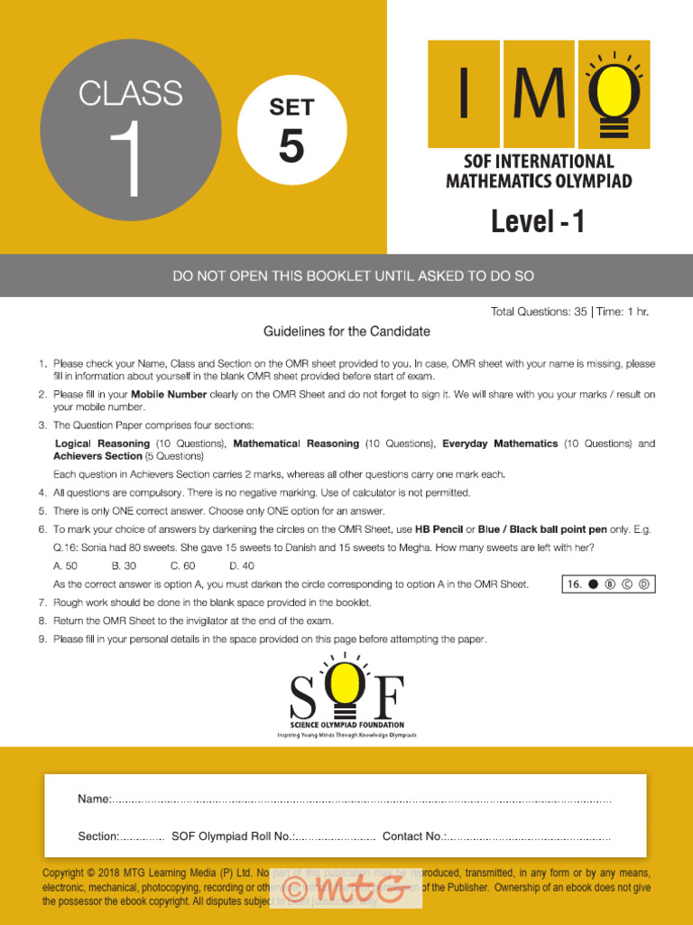 Imo Level1 Class 1 Set 5 | PDF | Mathematics