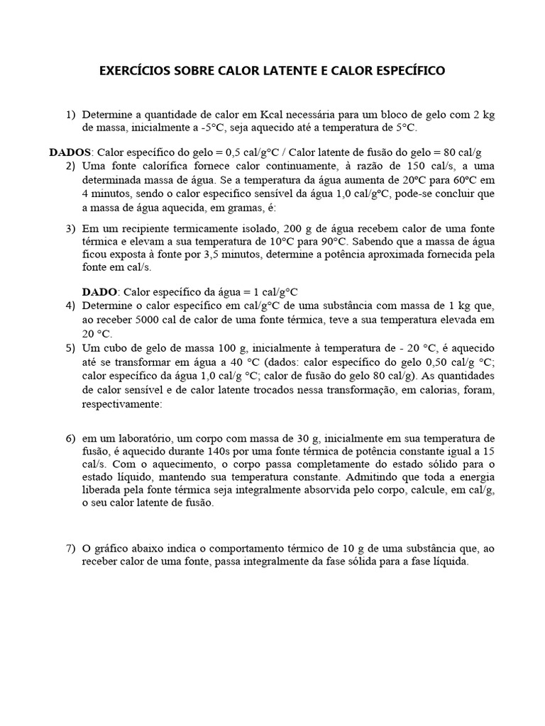 EXERCÍCIOS SOBRE CALOR LATENTE E CALOR ESPECÍFICO | PDF