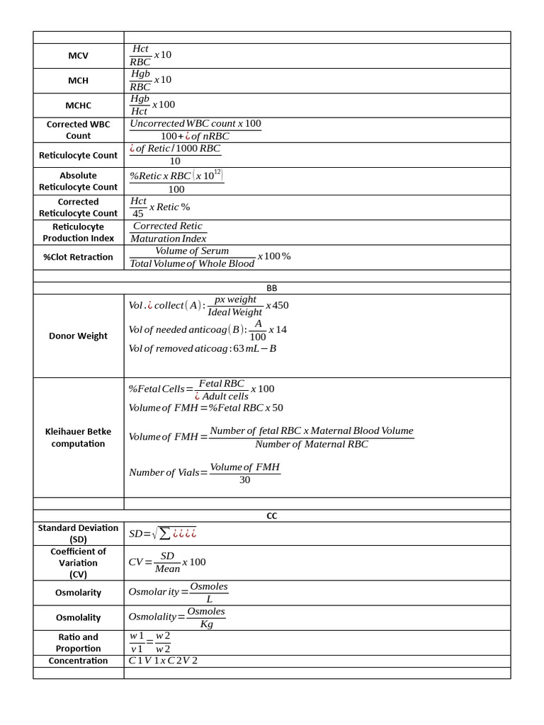 FORMULAS | PDF | Red Blood Cell | Medical Specialties