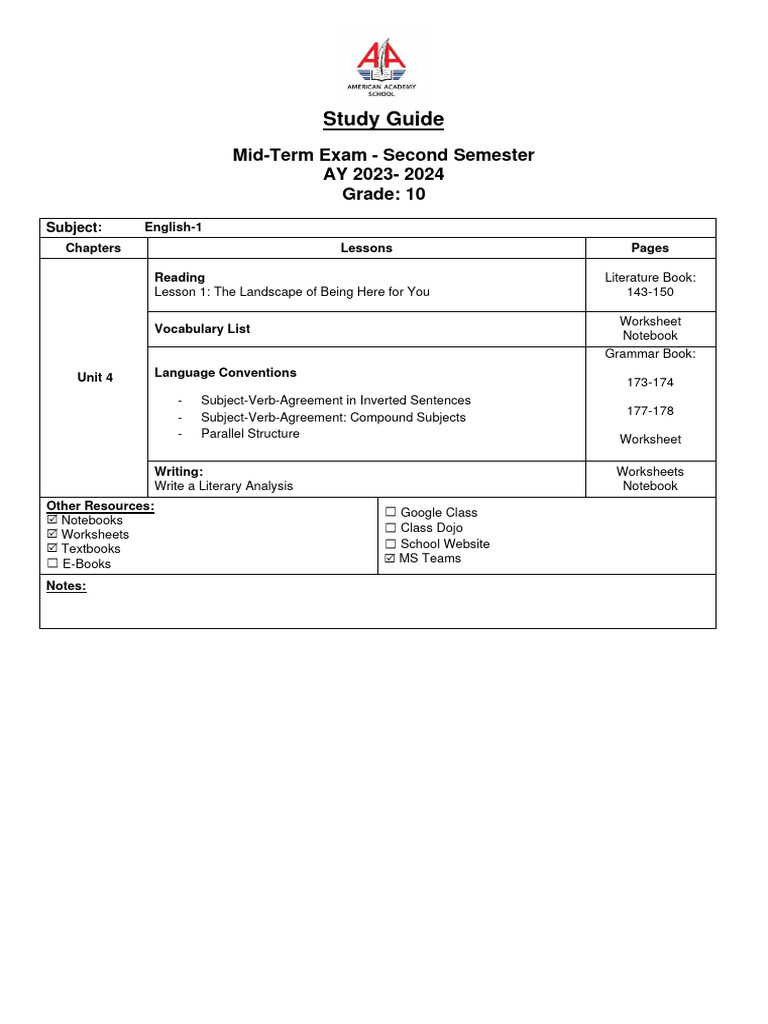 Grade 10 Mid-Term Exam Study Guide | PDF | Verb | Subject (Grammar)