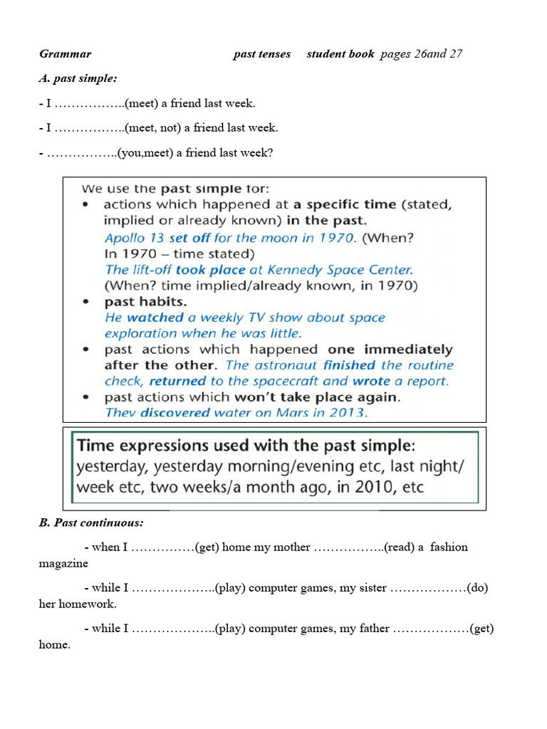 Grammar Past Tenses Student Book Pages 26and 27 | PDF