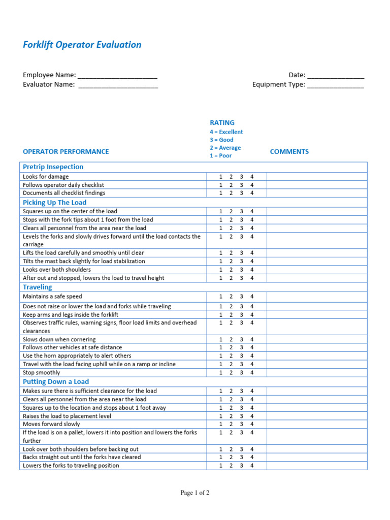Forklift Operator Evaluation | PDF | Forklift | Manufactured Goods