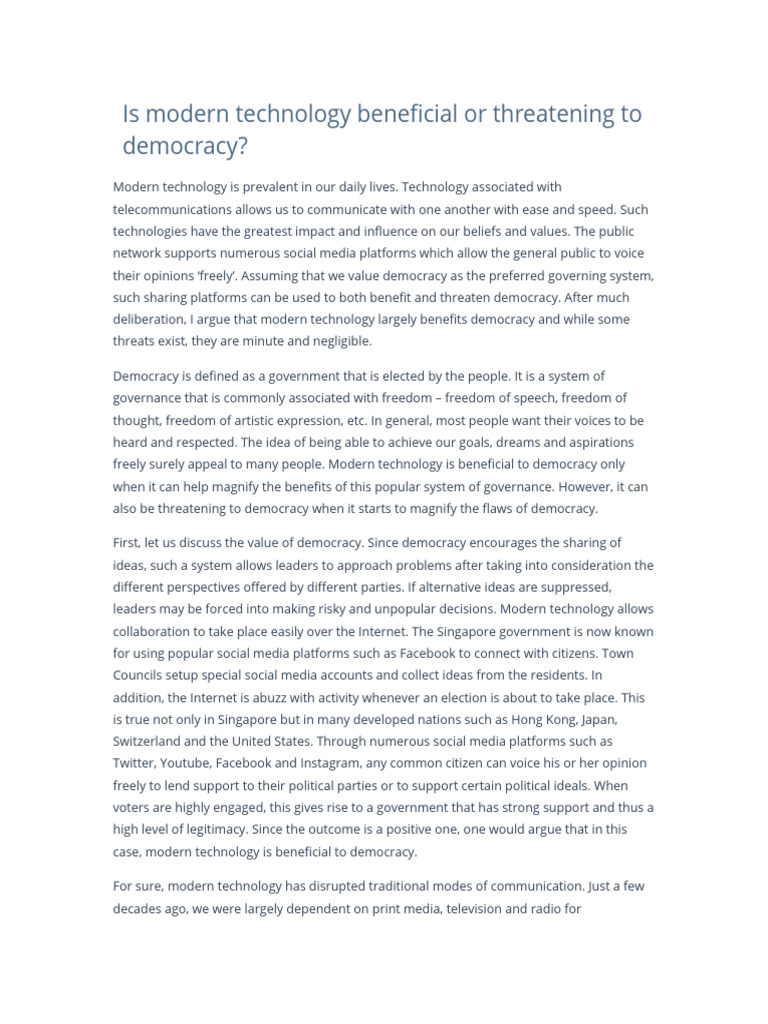 Is Modern Technology Beneficial or Threatening To Democracy | PDF ...
