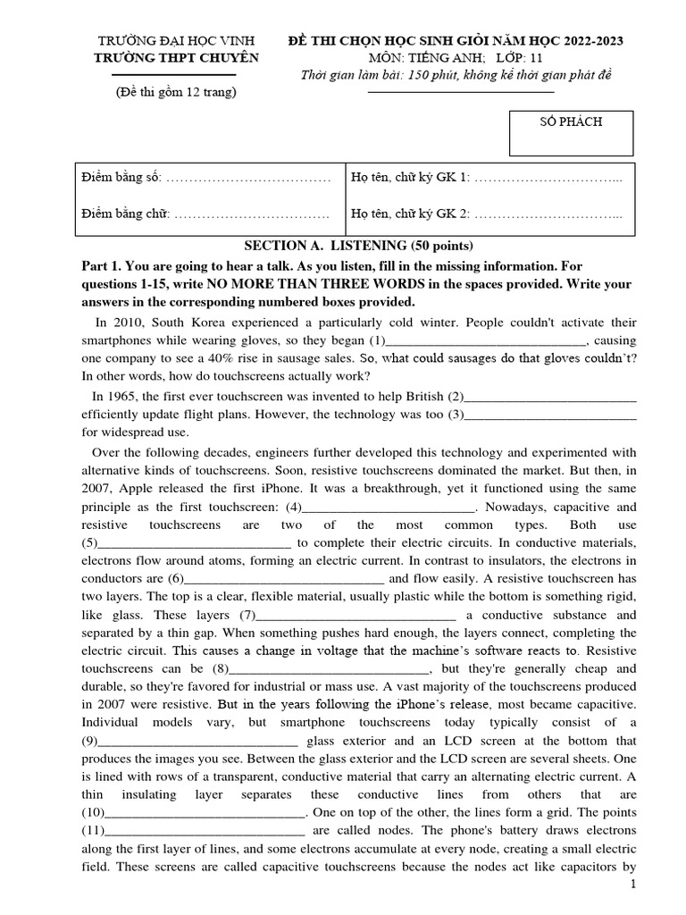Tiếng Anh 11 - Đề thi HSG Trường 22-23 - nokey | PDF | Capacitor | Touchscreen
