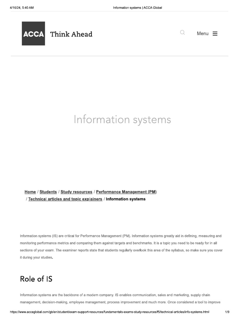 Information Systems - ACCA F5 | PDF