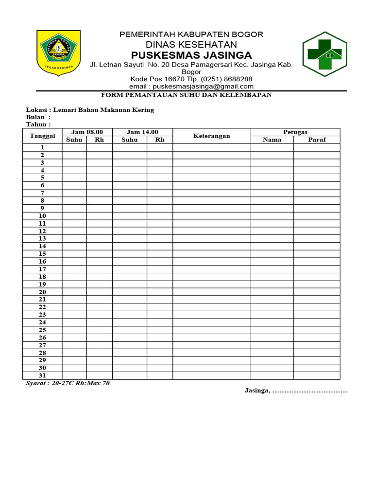 Form Pemantauan Suhu Dan Kelembapan (Dapur) | PDF