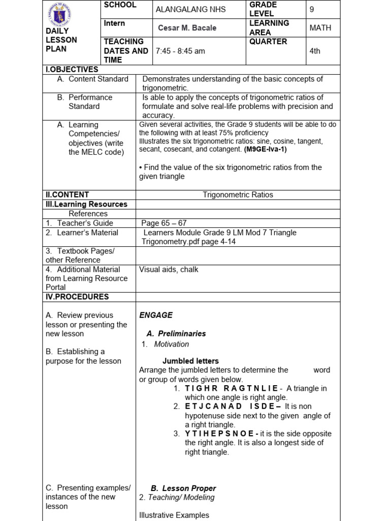 Daily Lesson Plan | PDF | Trigonometric Functions | Trigonometry