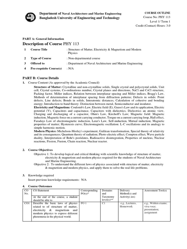 Course Outline PHY-113 NAME L1T1 | PDF | Magnetic Field | Capacitor