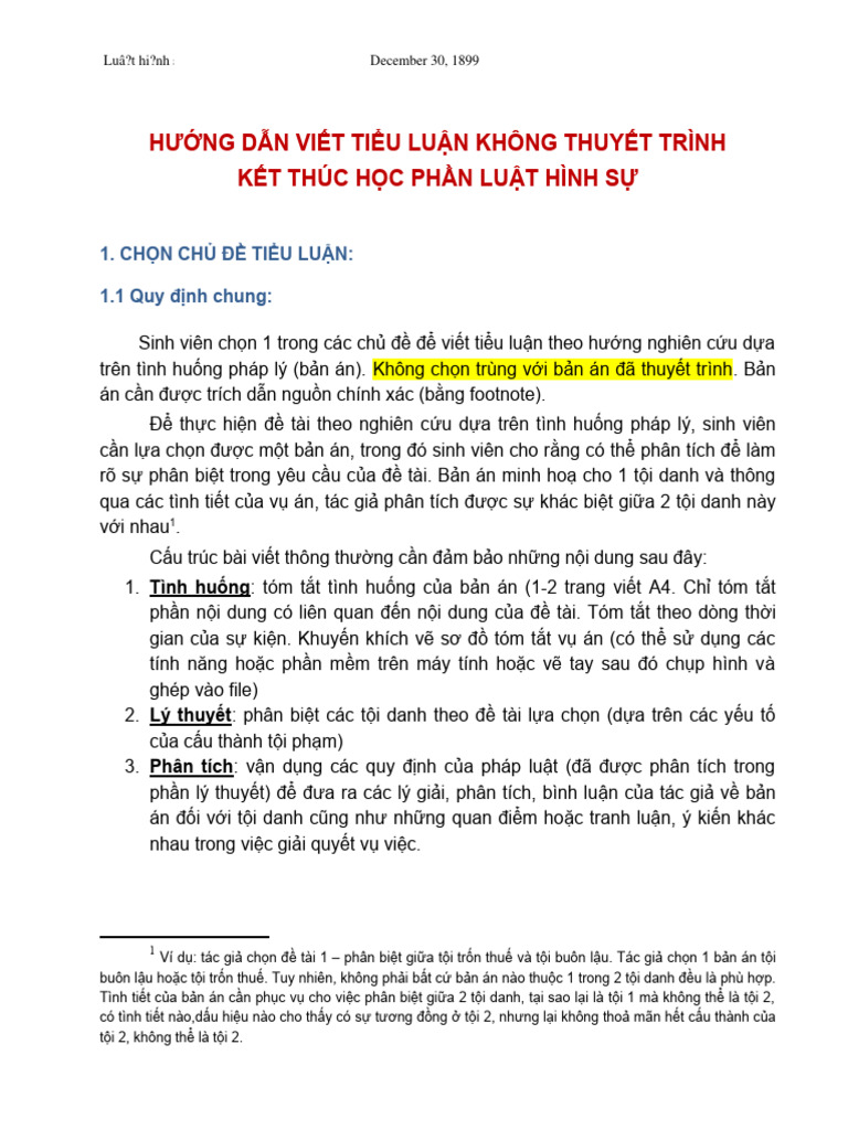 2023 - HƯỚNG DẪN VIẾT TIỂU LUẬN KHÔNG TT - TLKTT - KTHP LHS | PDF