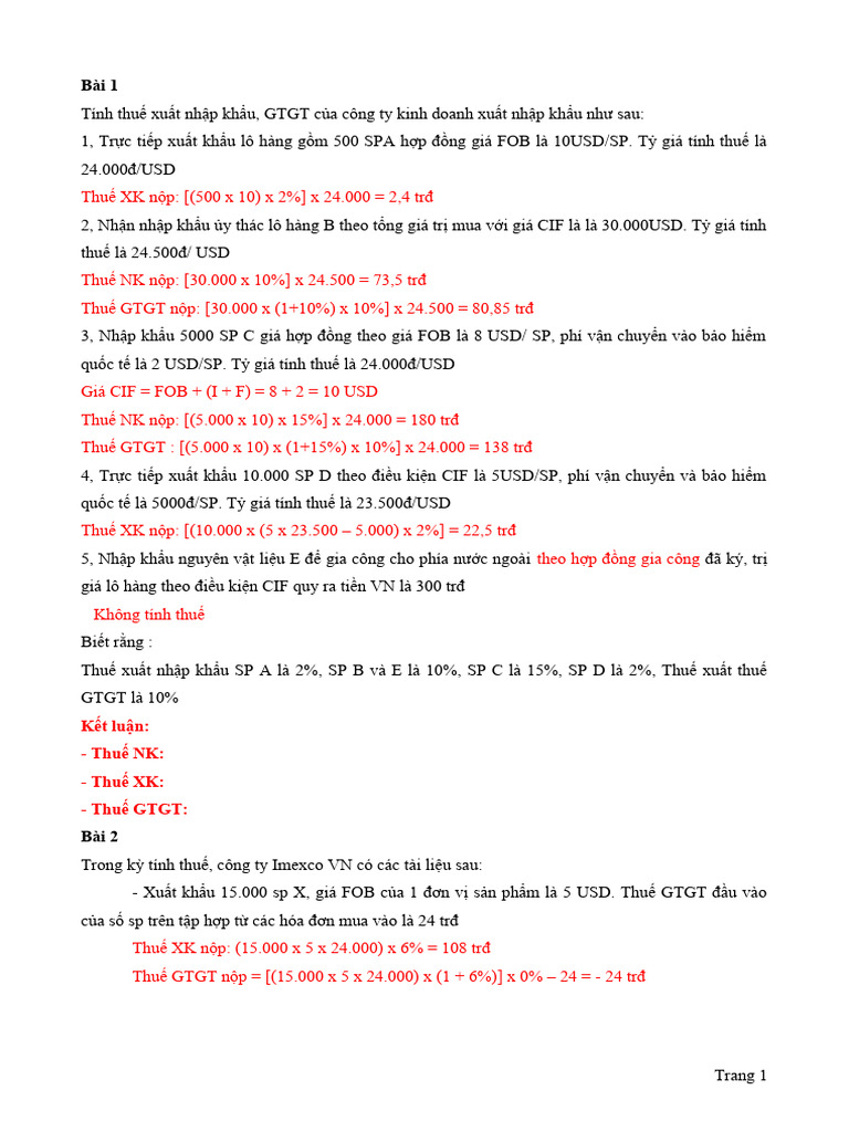 BÀI TẬP GTGT, TTĐB, XNK | PDF