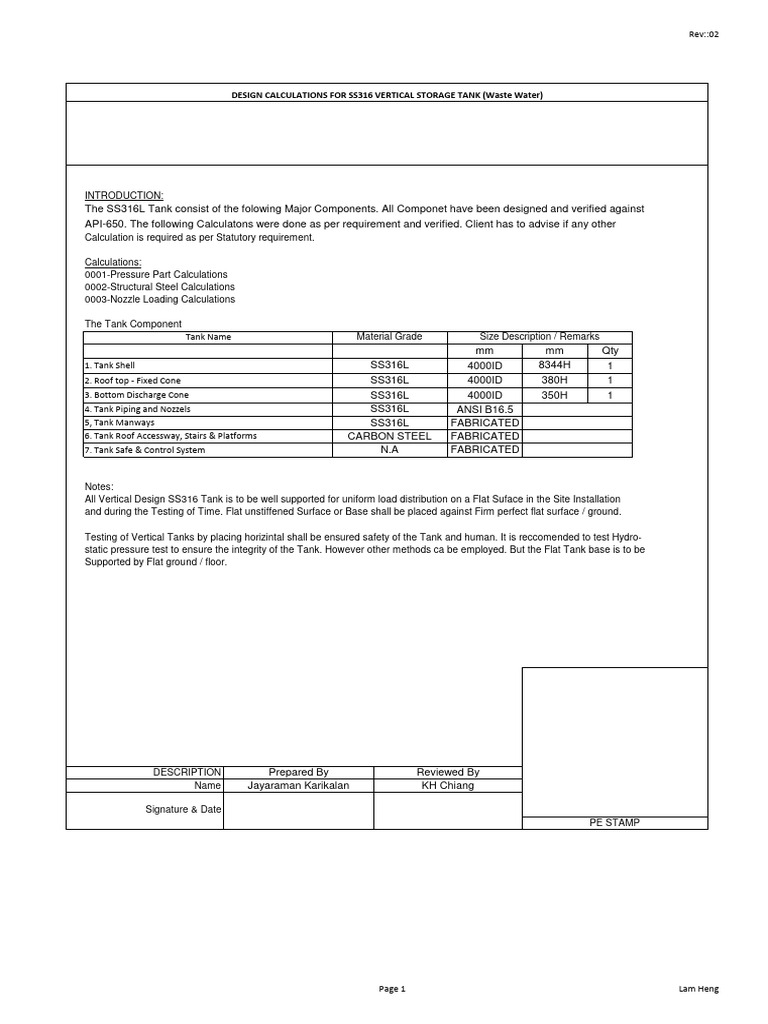 DESIGN CALCULATIONS FOR SS316L WASTE WATER STORAGE TANK-TK01-REV01 ...