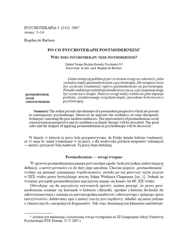 De Barbaro Po Co Psychoterapii Postmodernizm 2007 | PDF