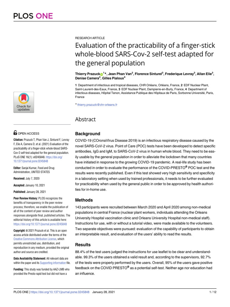 Evaluation of The Practicability of A Finger-Stick Whole-Blood SARS-Cov ...