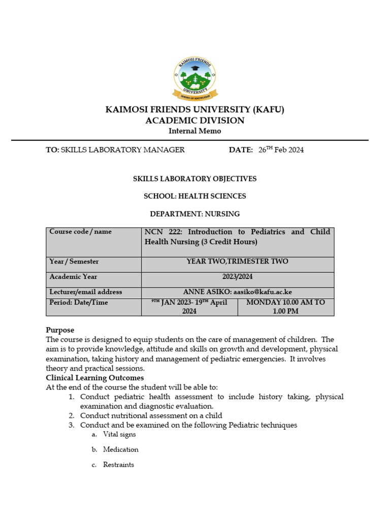 Skills Lab Objectives NCN 222 Jan 2024 | PDF