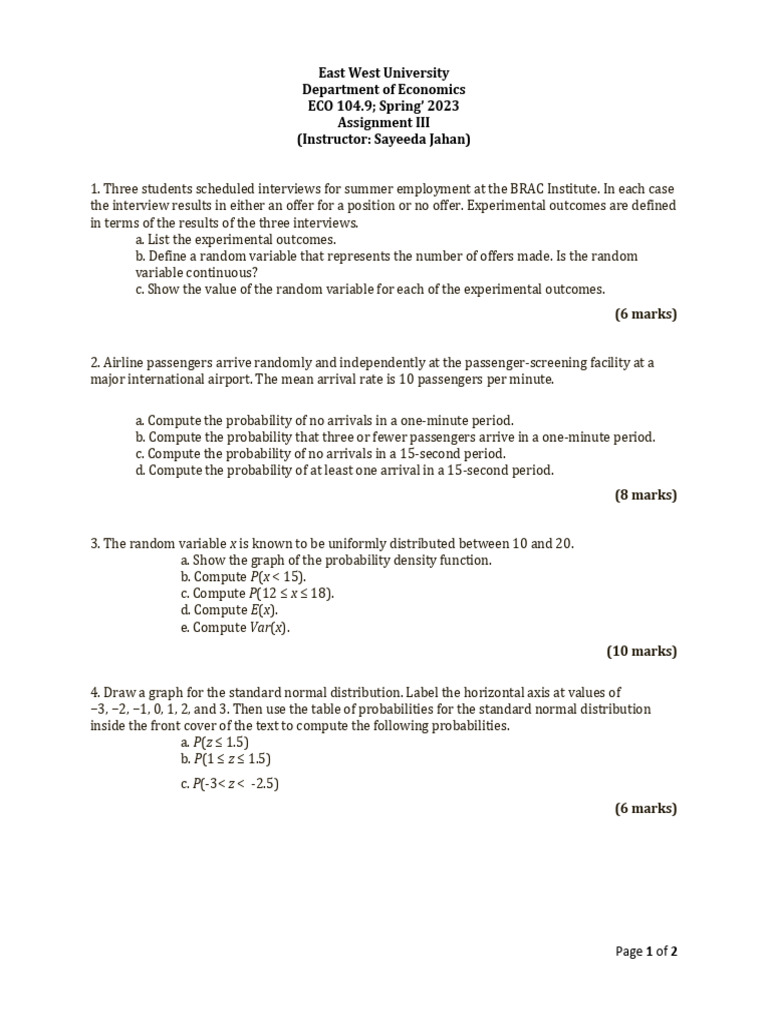 ECO 104 - Assignment III - Sp23 | PDF | Random Variable | Probability Density Function