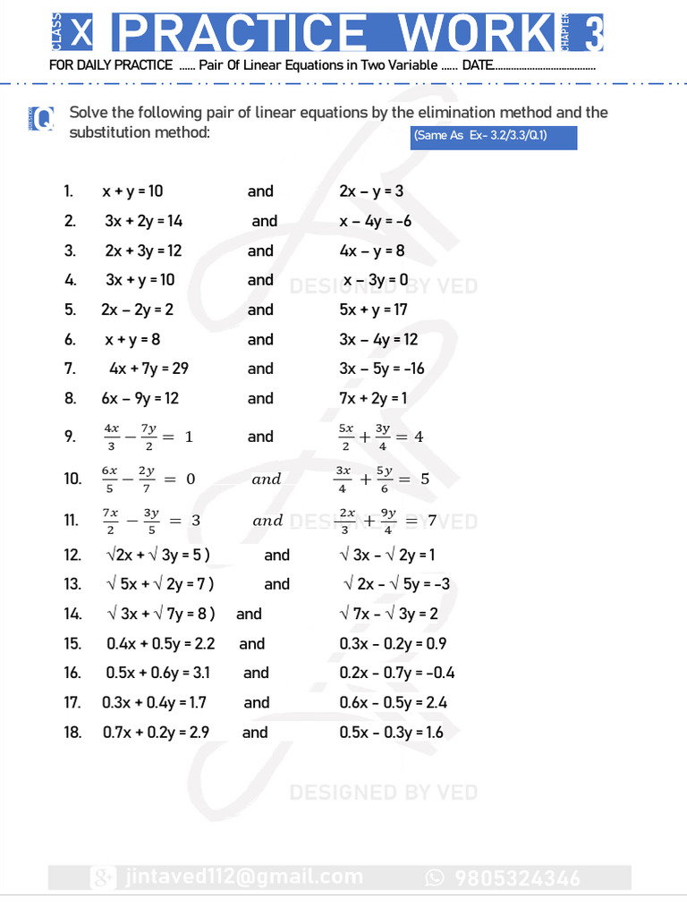 Class 10 Chapter 3 PRACTICE WORK | PDF | Algebra | Mathematical Objects